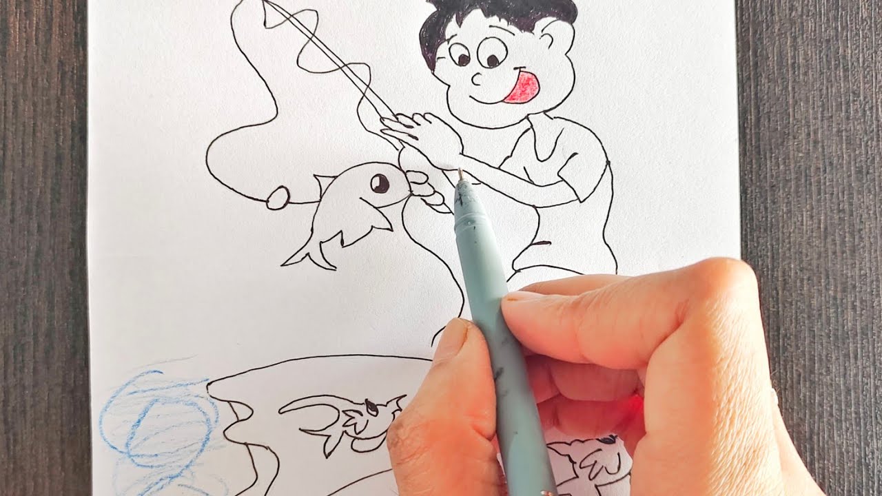 How to draw a fisherman/ Easy fisherman drawing step by step tutorial ...