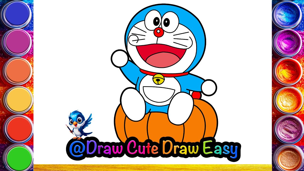 How to Draw Doraemon Sitting on a Pumpkin | Cute Halloween Drawing for ...