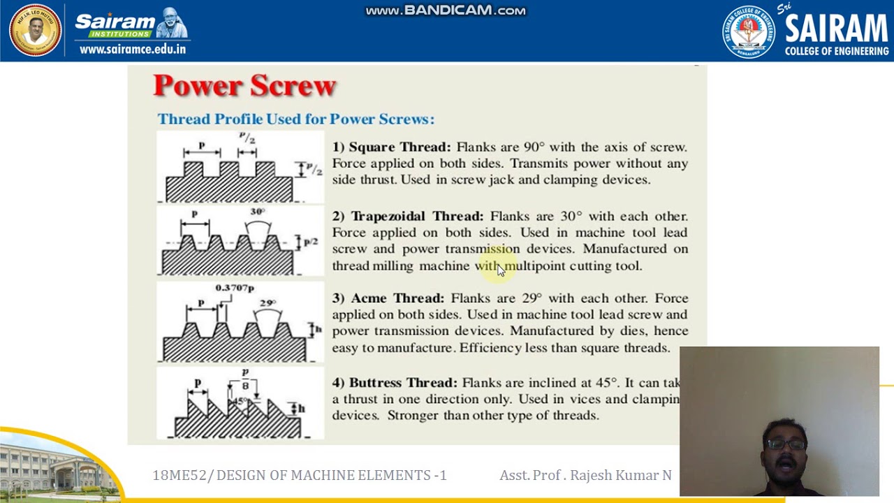 LECTURE VIDEO 7_18ME52_THREAD PROFILES OF POWER SCREWS AND REASONS FOR ...
