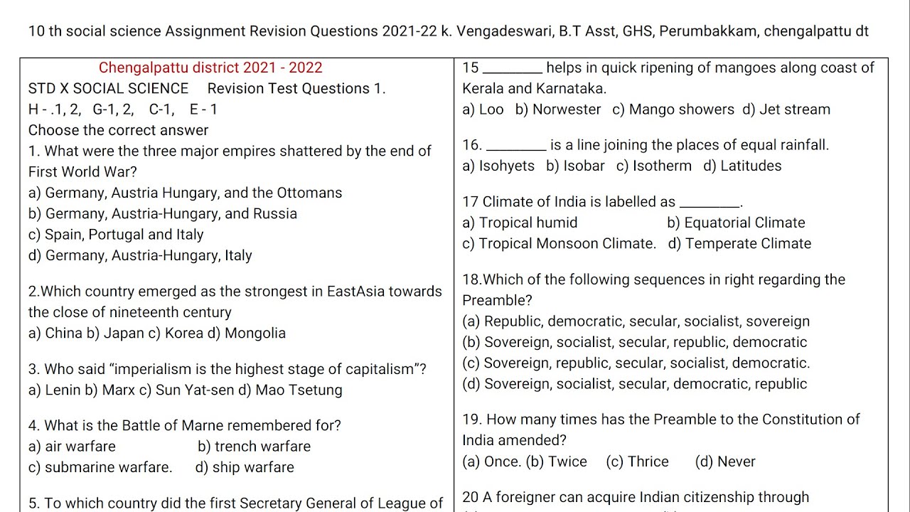 10th Social Science Assignment Revision Question EM 2021 | 10th Social ...