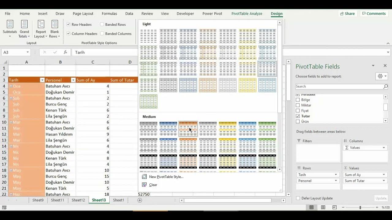 Pivot Table (Özet Tablo) ile çalışmak, Formatı kaydetmek, Default Pivot ...