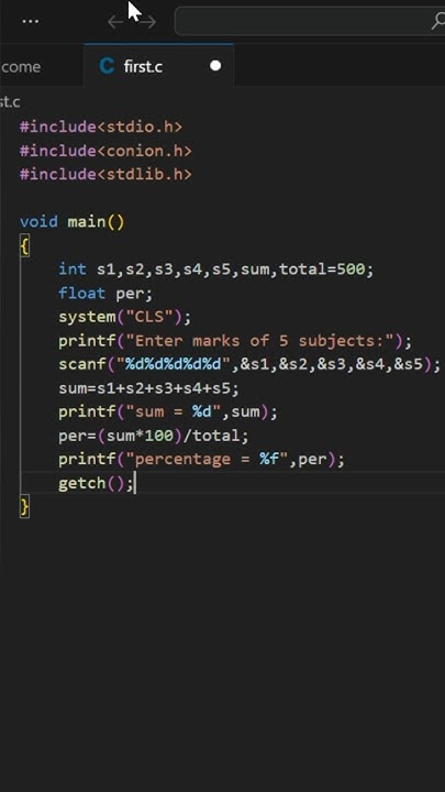 C PROGRAMMING- FIND SUM AND PERCENTAGE OF FIVE SUBJECT - YouTube