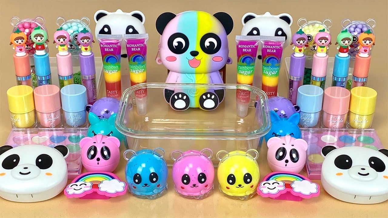 ASMR Slime 🌈💤 Mixing ”Rainbow PANDA” makeup, Eyeshadow, glitter into slime. Satisfying slime ...