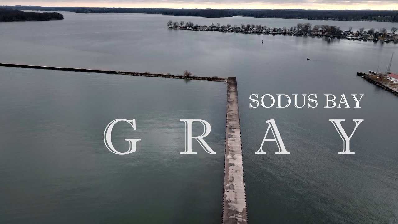 Sodus Bay New York beautiful aerials filmed of a gray day in Winter on ...