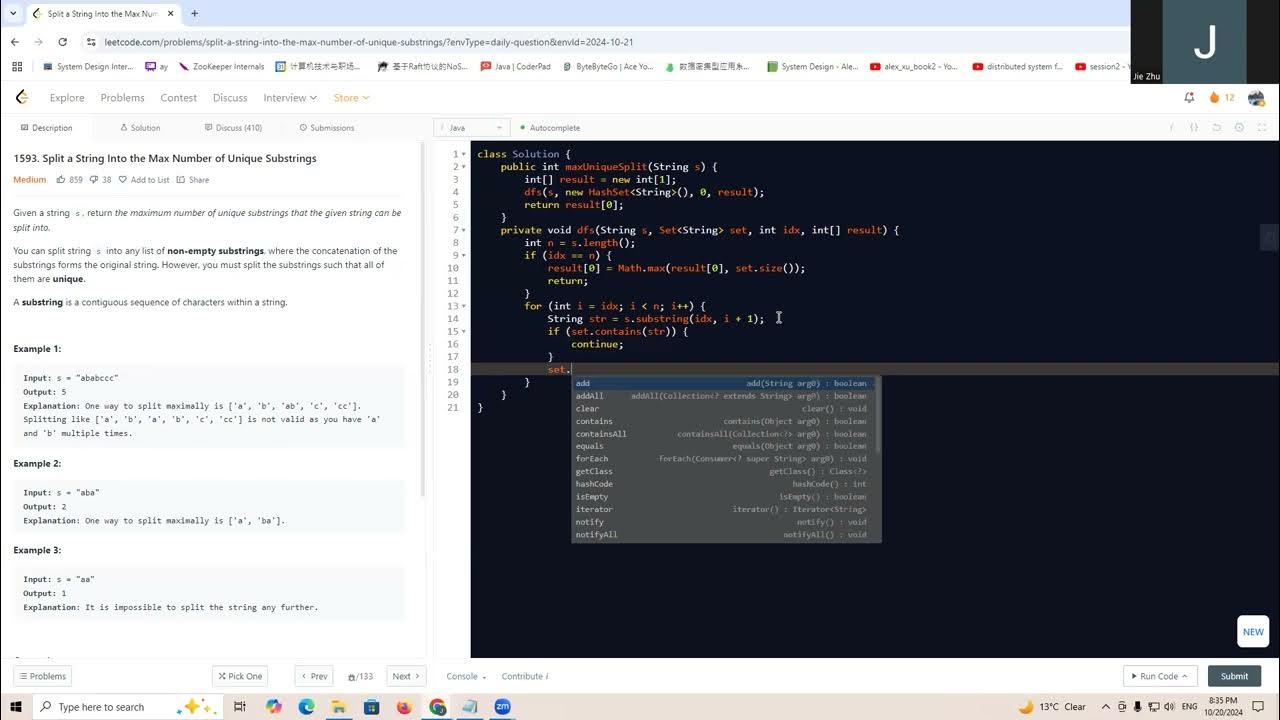 1593. Split a String Into the Max Number of Unique Substrings - YouTube
