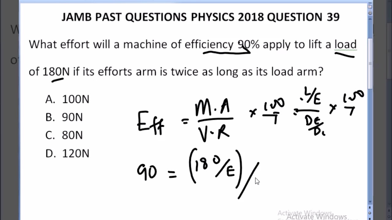JAMB PAST QUESTION PHYSICS 2018 QUESTION 39 Efficiency, MA and VR Calculations - YouTube