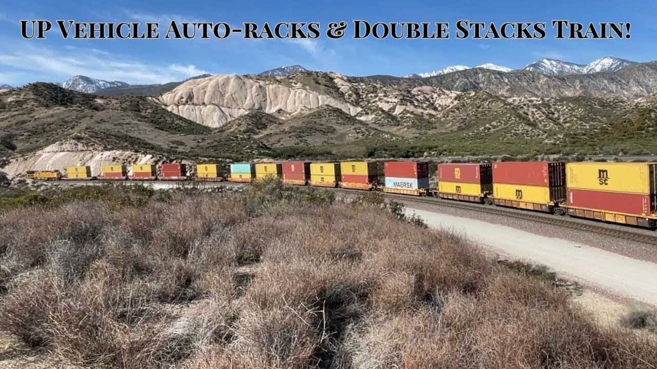 SD70ACe THUNDER CAB LEAD! UP Vehicle Auto-racks & Double Stacks Train! Mormon Rocks. Cajon Pass ...