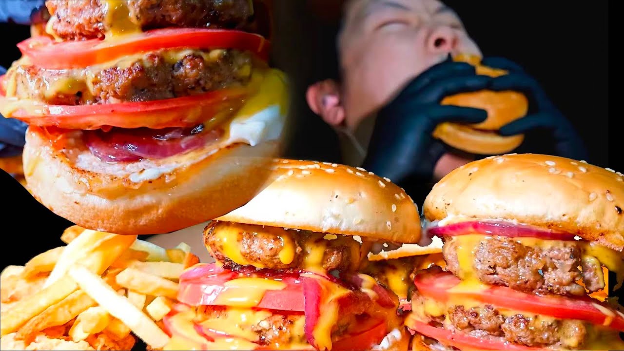 Mukbang: Devouring a Beef Burger, Fried Chicken & a Mountain of Fries ...
