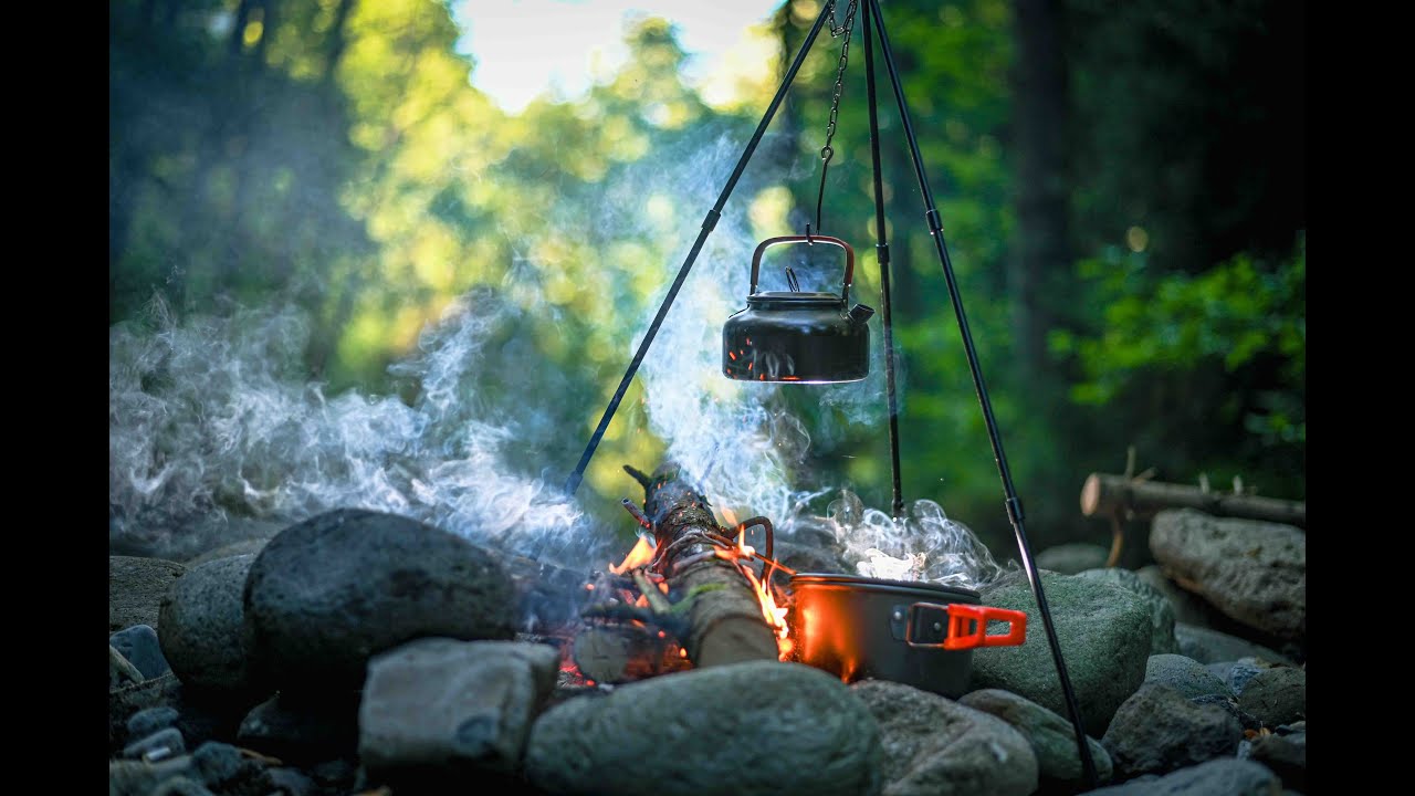 Solo Camping Very heavy rain Thunderstorm Crossing a flooded river for ...