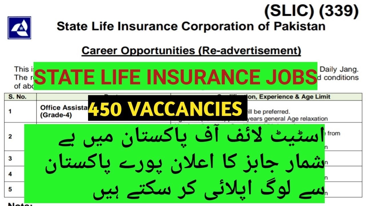 STATE LIFE OF PAKISTAN Jobs||State Life PTS Jobs||Total 450 VACCANCIES ...