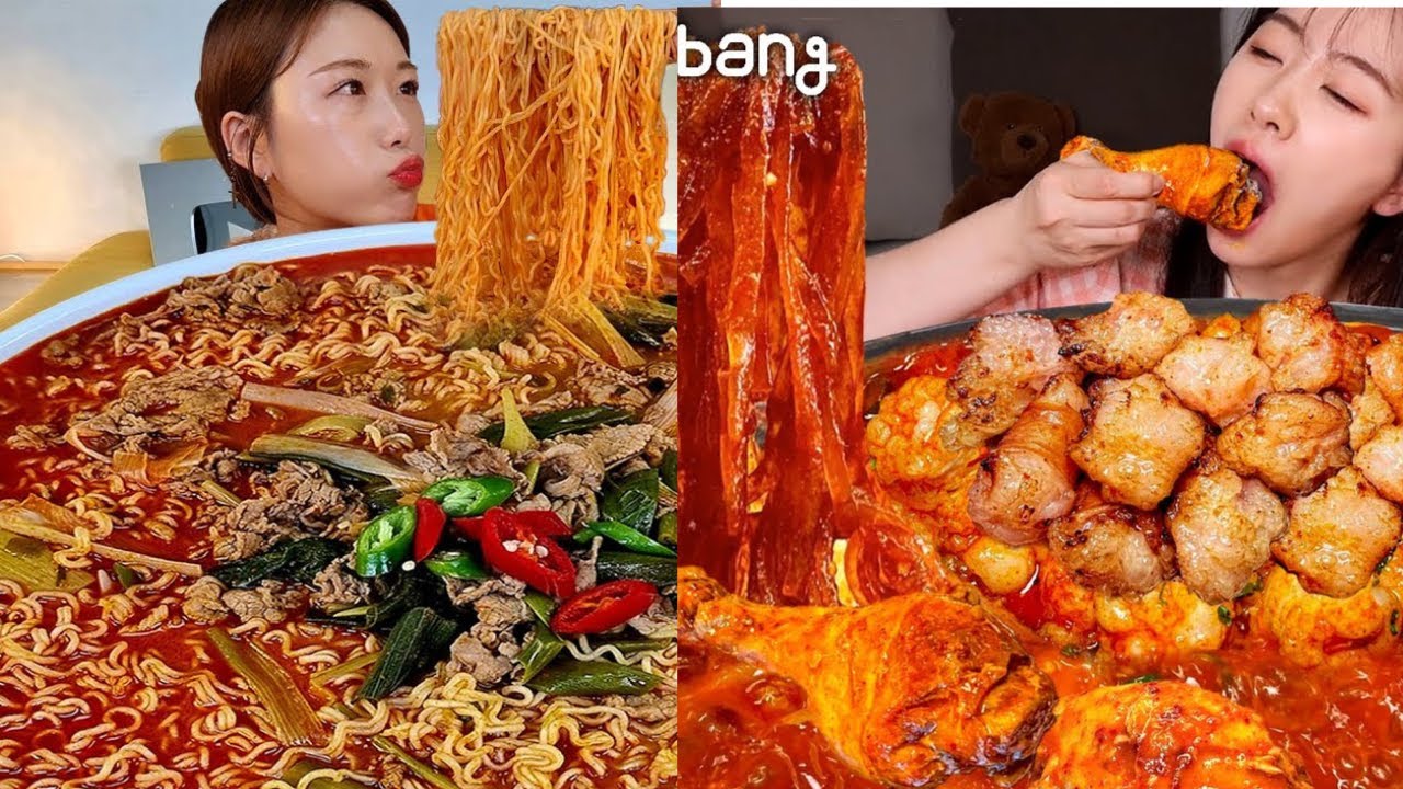 Eating braised Spicy Chicken with Daechang Korean food Hot Spicy Meat ...