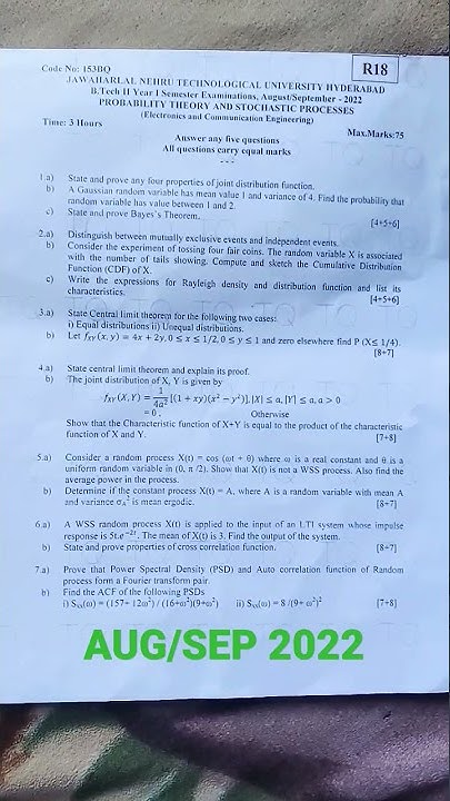 JNTUH R18 BTECH 2-1 AUGUST/SEPTEMBER 2022 Question paper Of PROBABILITY ...