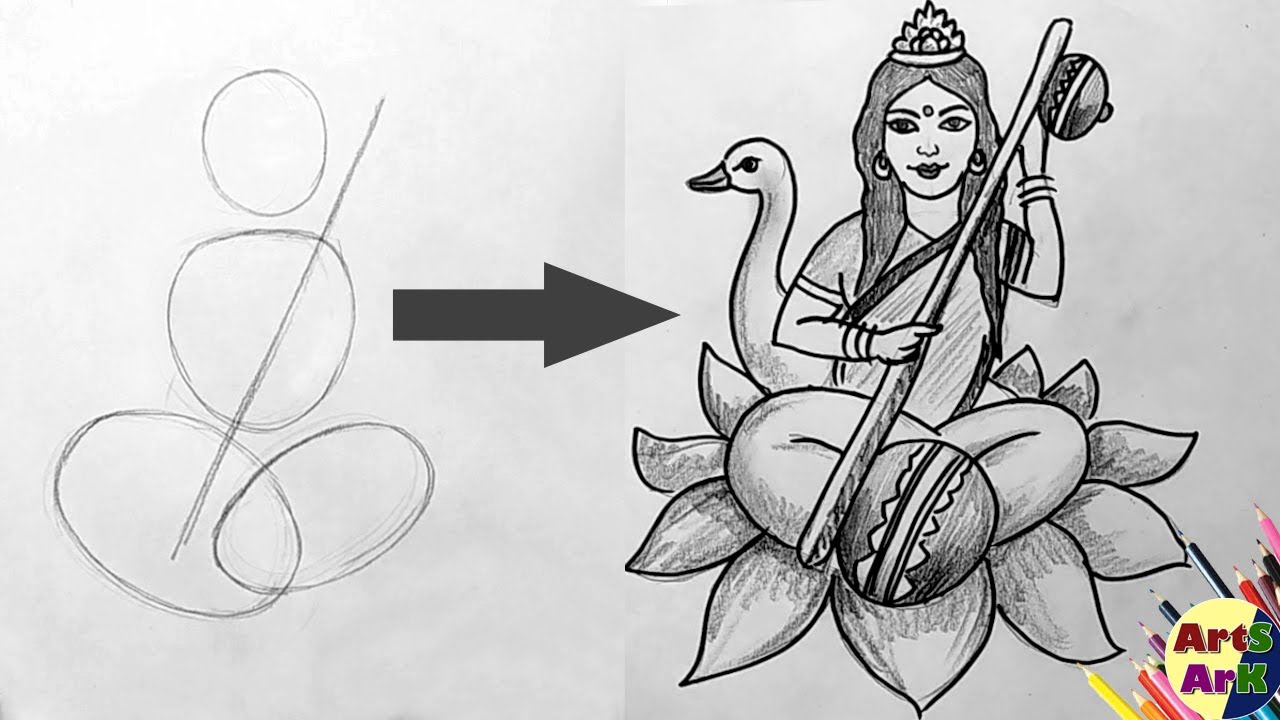 Saraswati Debi easy drawing for beginners | 2 Handed Maa Saraswati ...