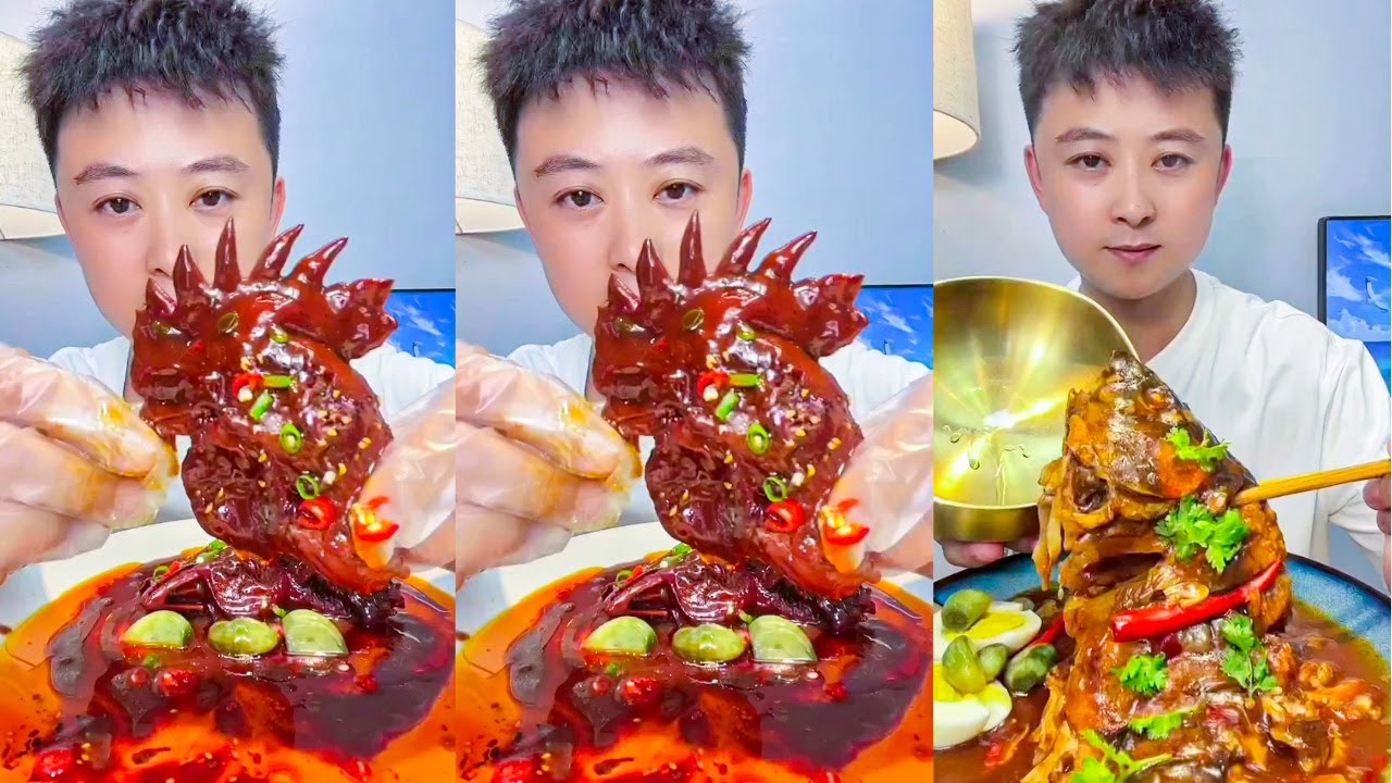 Eating Braised Chicken Head And Braised Crucian Carp With Spicy Sauce ...