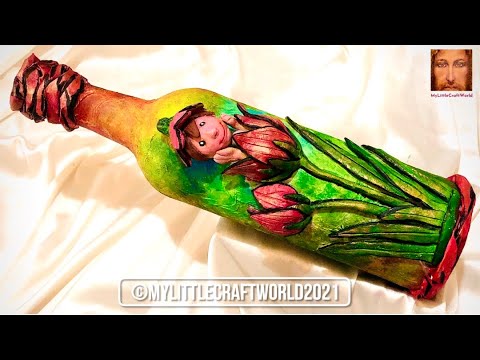 Çiçekler ve bebek peri ile şişe sanatı, şişe dekorasyon fikirleri