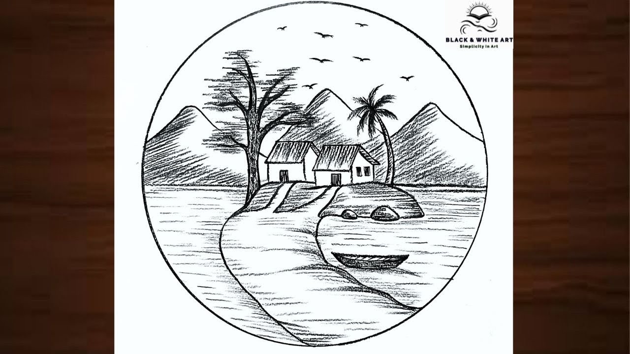 Easy and Simple Landscape Drawing || Black and White Art - YouTube