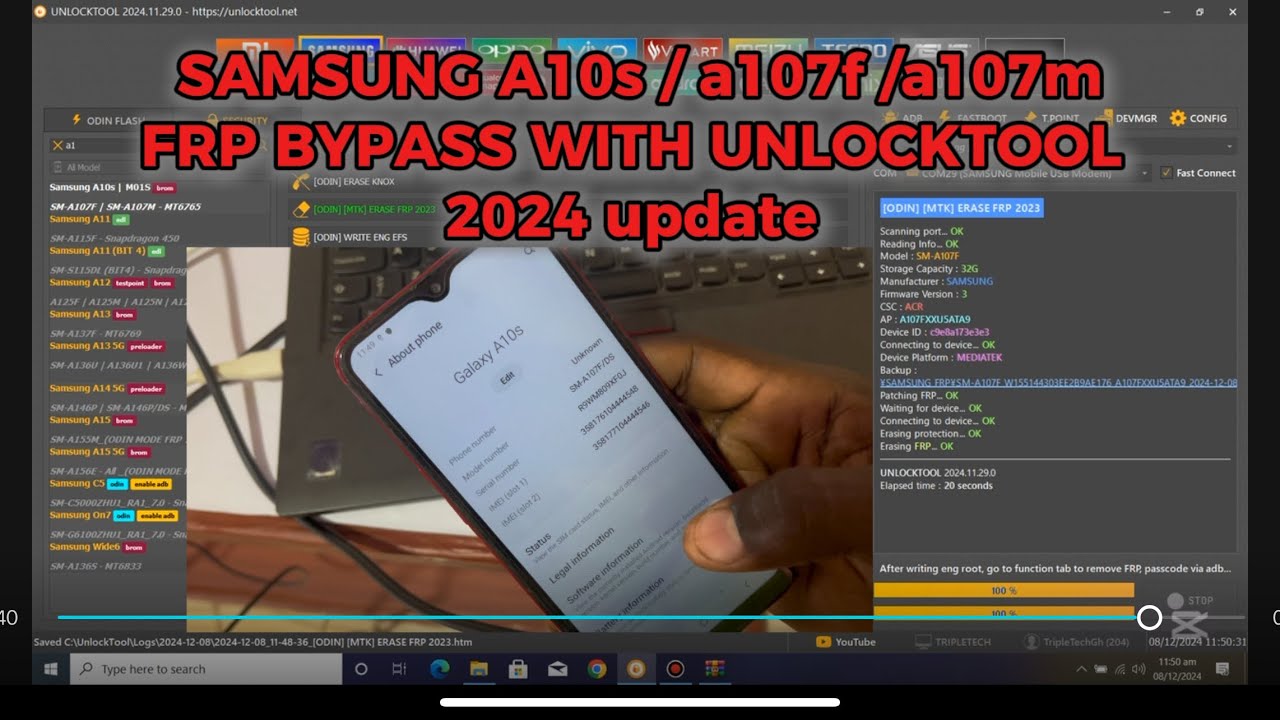SAMSUNG A10s / A107f / A107m FRP BY UNLOCKTOOL. ODIN MODE FRP BYPASS BY ...