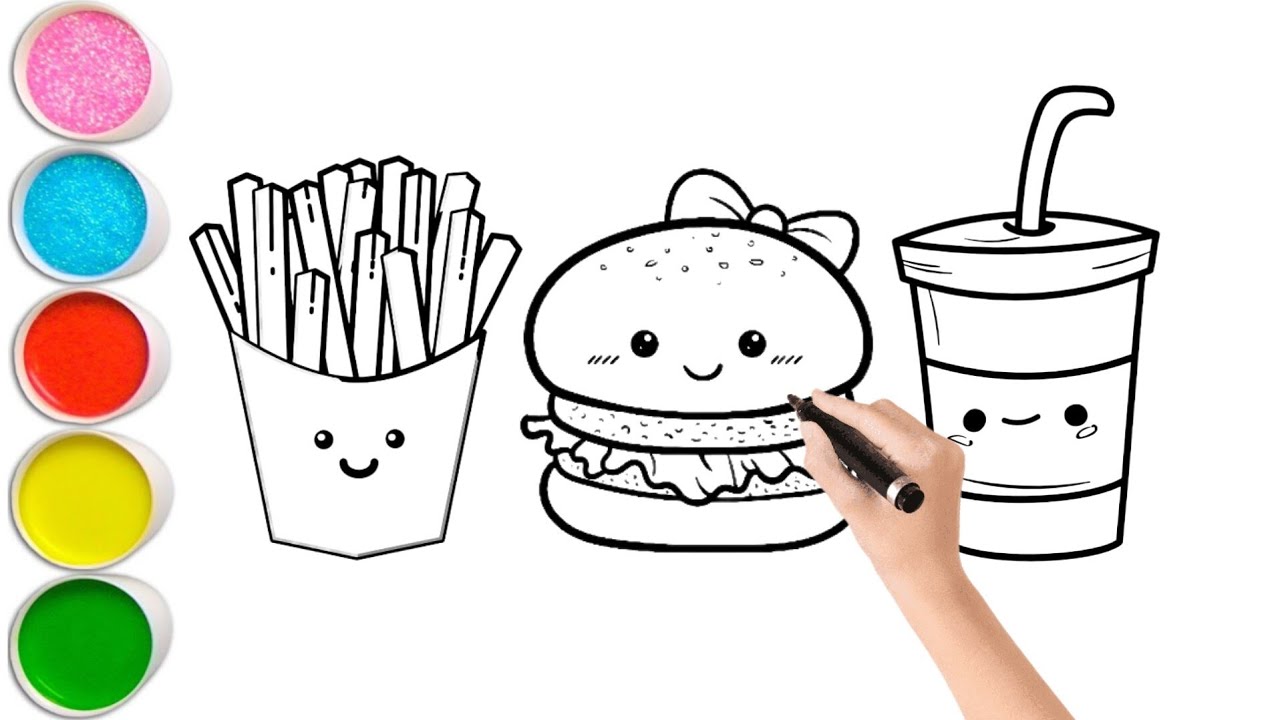 How to Draw Cute Burger, chips, drink for Kids and Toddlers, Magical ...