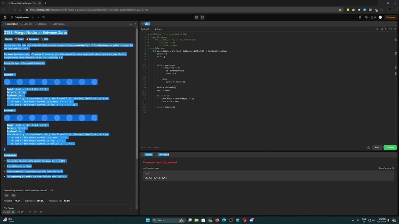 2181. Merge Nodes in Between Zeros (Beats 11% Runtime) - YouTube
