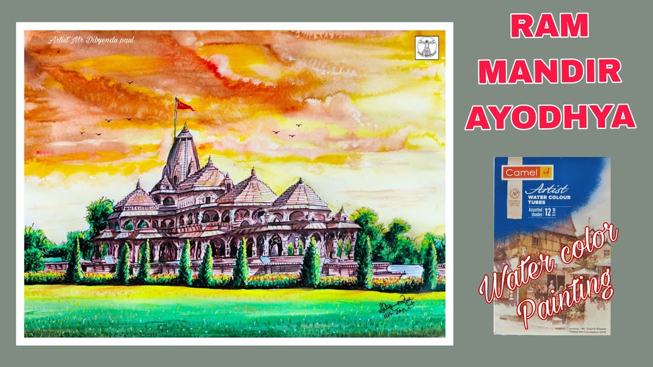 Ram Mandir Drawing Easy/ How to draw Ayodhya Ram Mandir with watercolor ...