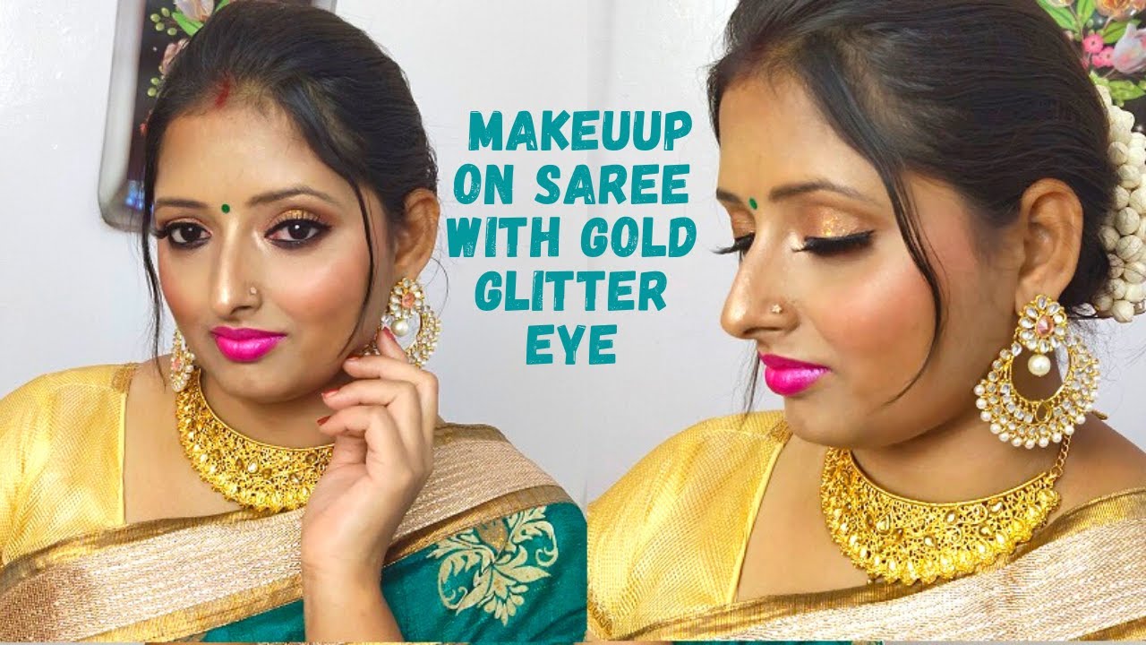 Indian Traditional Makeup Tutorial on Saree l Simple Makeup with Gold ...