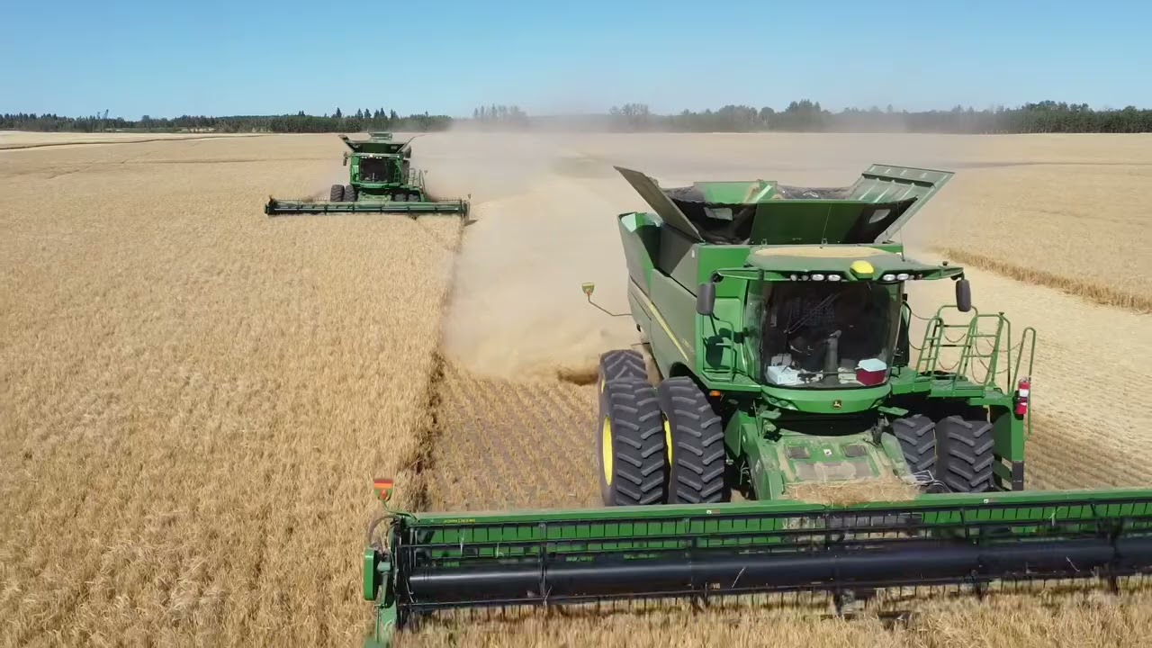 John Deere S780 combine aerials in 125 bushel per acre barley. - YouTube