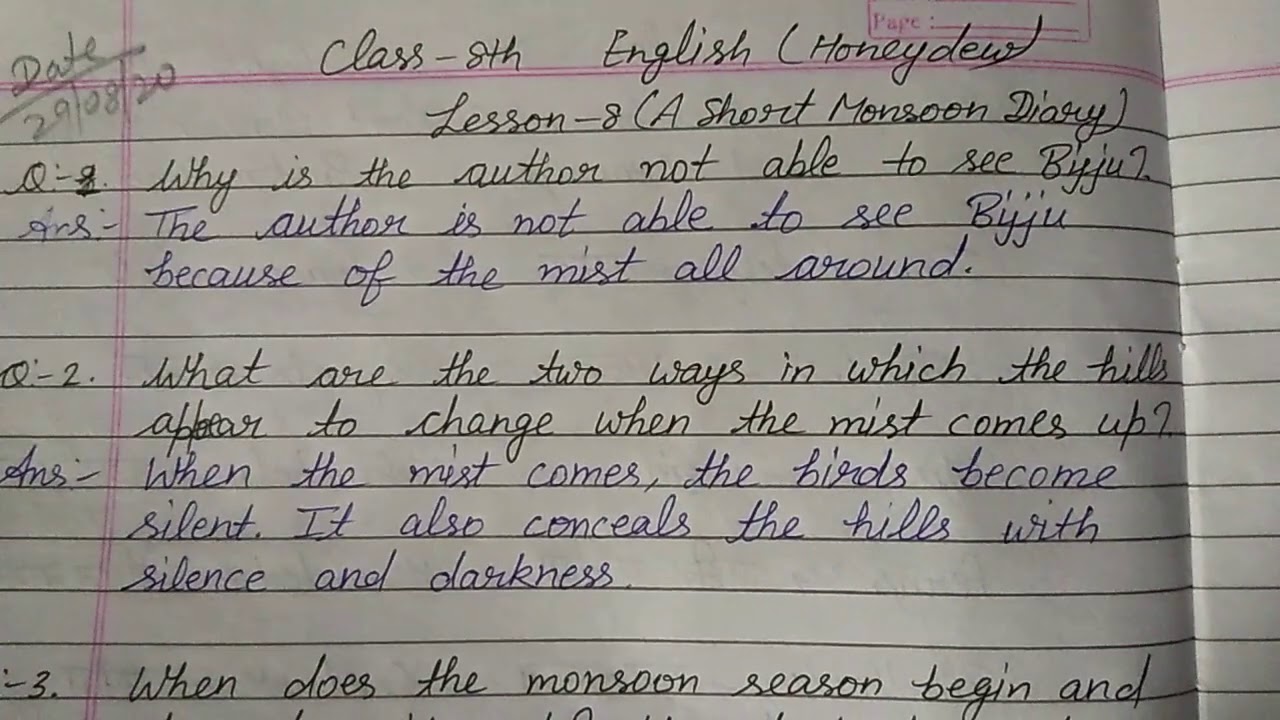 Class 8th Ch 8 A Short Monsoon Diary Learn Write YouTube Class 8th Ch 8 A Short Monsoon Diary Learn Write YouTube