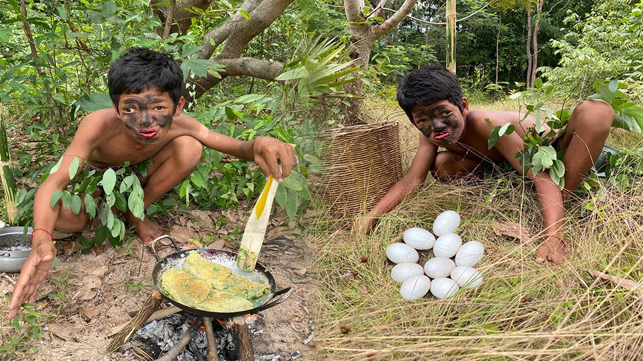 Primitive life-Jungle man collect many eggs & take eggs roast eggs with ...