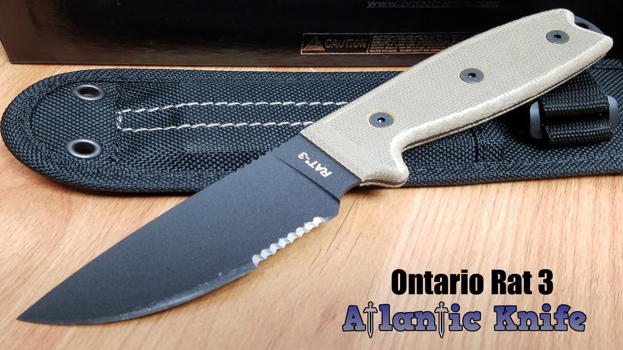 ONTARIO RAT-3 FIXED BLACK 1095HC STEEL MICARTA HANDLE KNIFE W/ NYLON ...