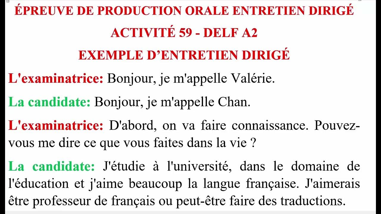 ÉPREUVE DE PRODUCTION ORALE ENTRETIEN DIRIGÉ - ACTIVITÉ 59 - DELF A2 ...