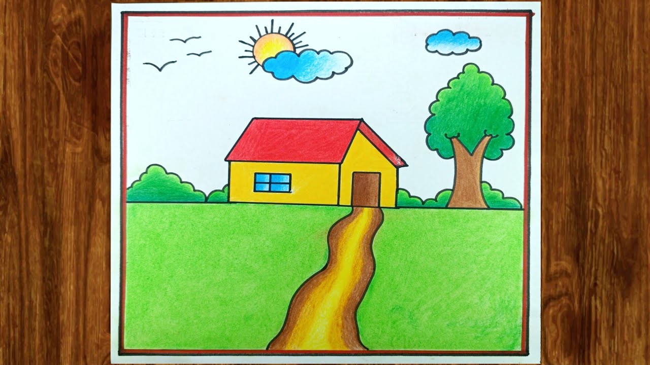 Scenery Drawing Step By Step || House Scenery Drawing Easy - YouTube