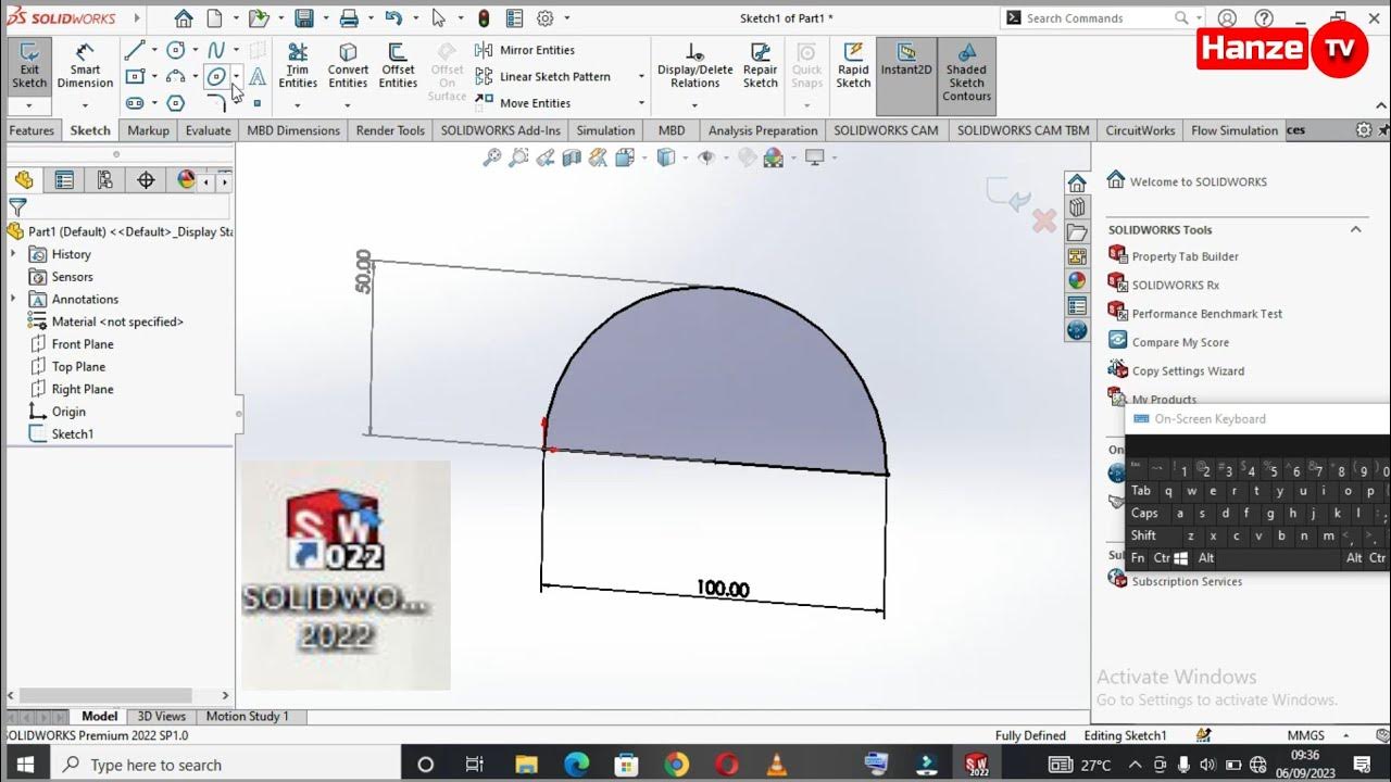 2 Draw semi circle in SOLIDWORKS by using two lines full tutorial in ...