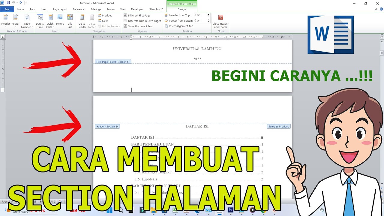 Cara Membuat Section Halaman Berbeda di Microsoft Word - YouTube