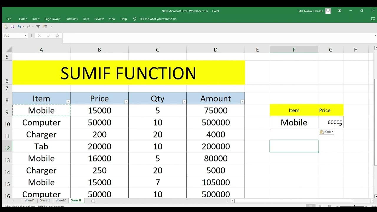 Sum if function| Excel Function| Excel | sum if - YouTube
