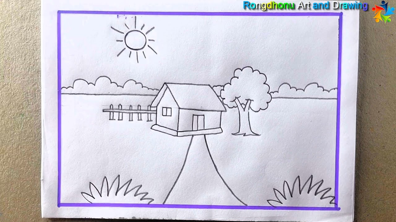 How to draw a Village House Scenery Easy To Drawing - YouTube