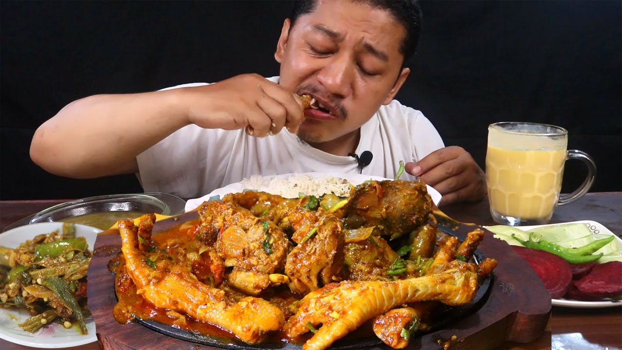 kukhura ko khutta, kalejo gravy, basmati rice, mango lassi Mukbang ...