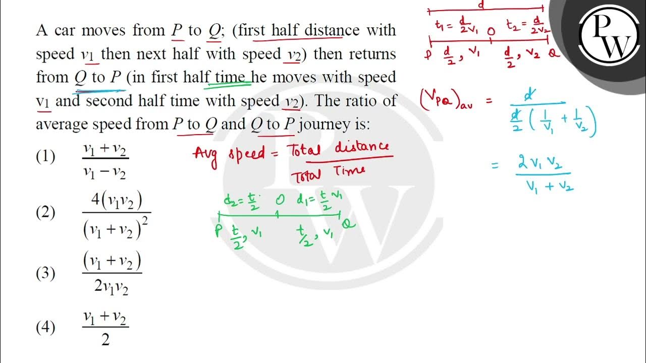A car moves from \( P \) to \( Q \); (first half distance with speed \( v_{1} \) then next half ...