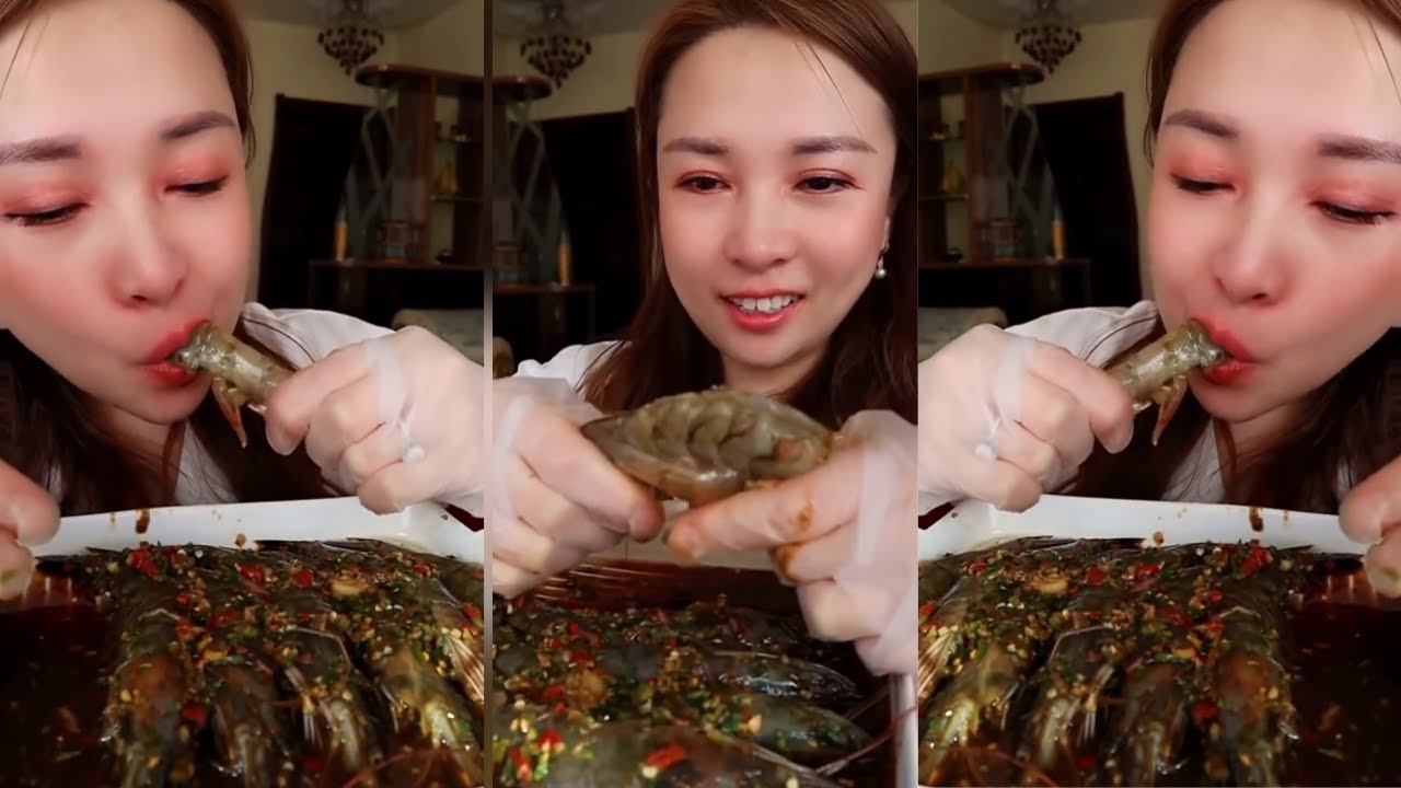 chinese beautiful girl eating spicy sea food(สาวสวยจีนกินอาหารทะเลรส ...
