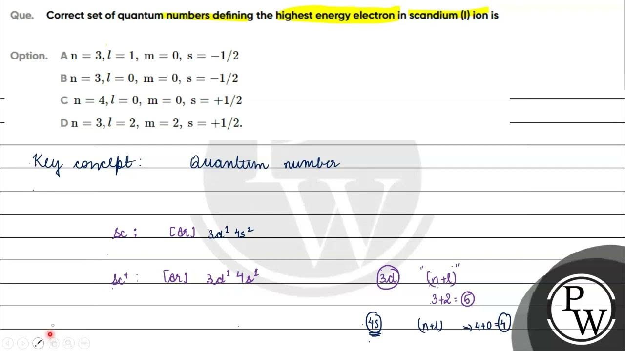 Correct set of quantum numbers defining the highest energy electron in scandium (I) ion is - YouTube