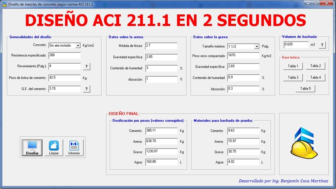 Diseñar en 2 segundos mezclas de concreto, ACI 211.1 con dos clics ...