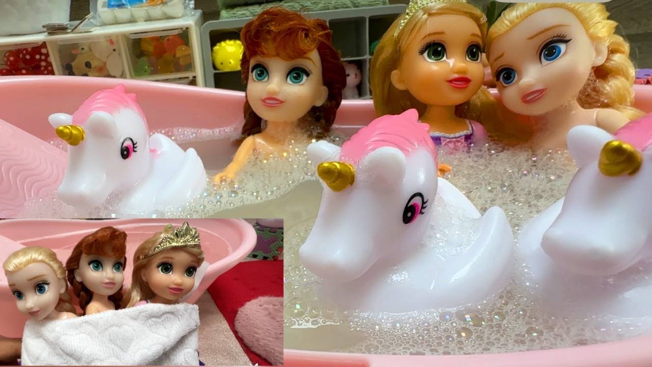 Elsa Anna and Rapunzel kids all have bath together. Unicorn rubber ...