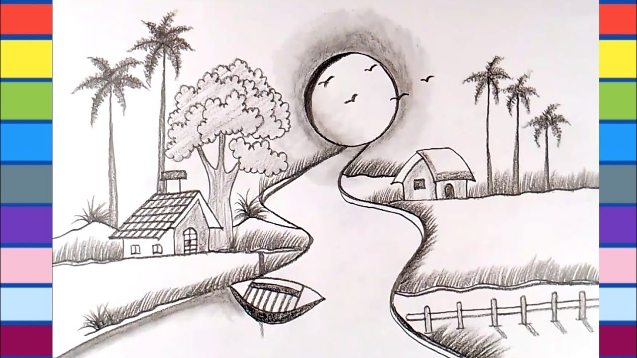 Drishya | Scenery drawing | Gramin Drishya | Easy Village Draw ...