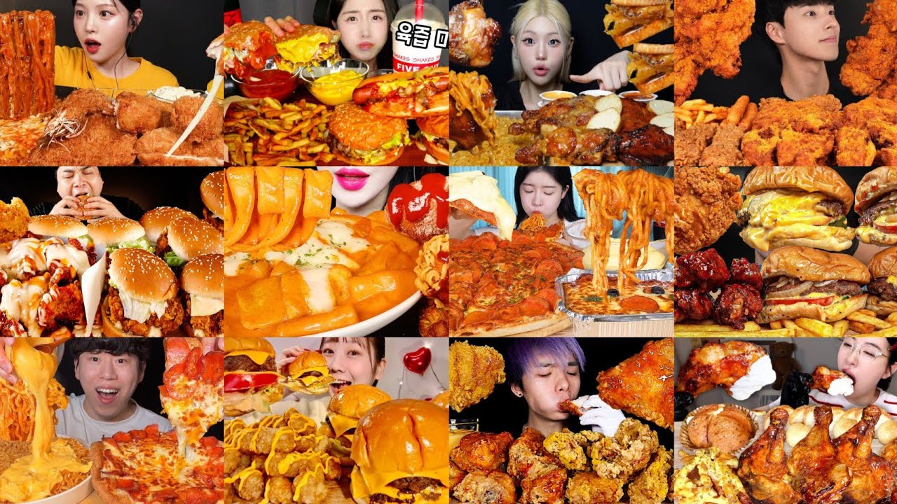 2× SPEED EATING SOUND | KOREAN BURGER & BBQ CHICKEN & FRIED CHICKEN ...