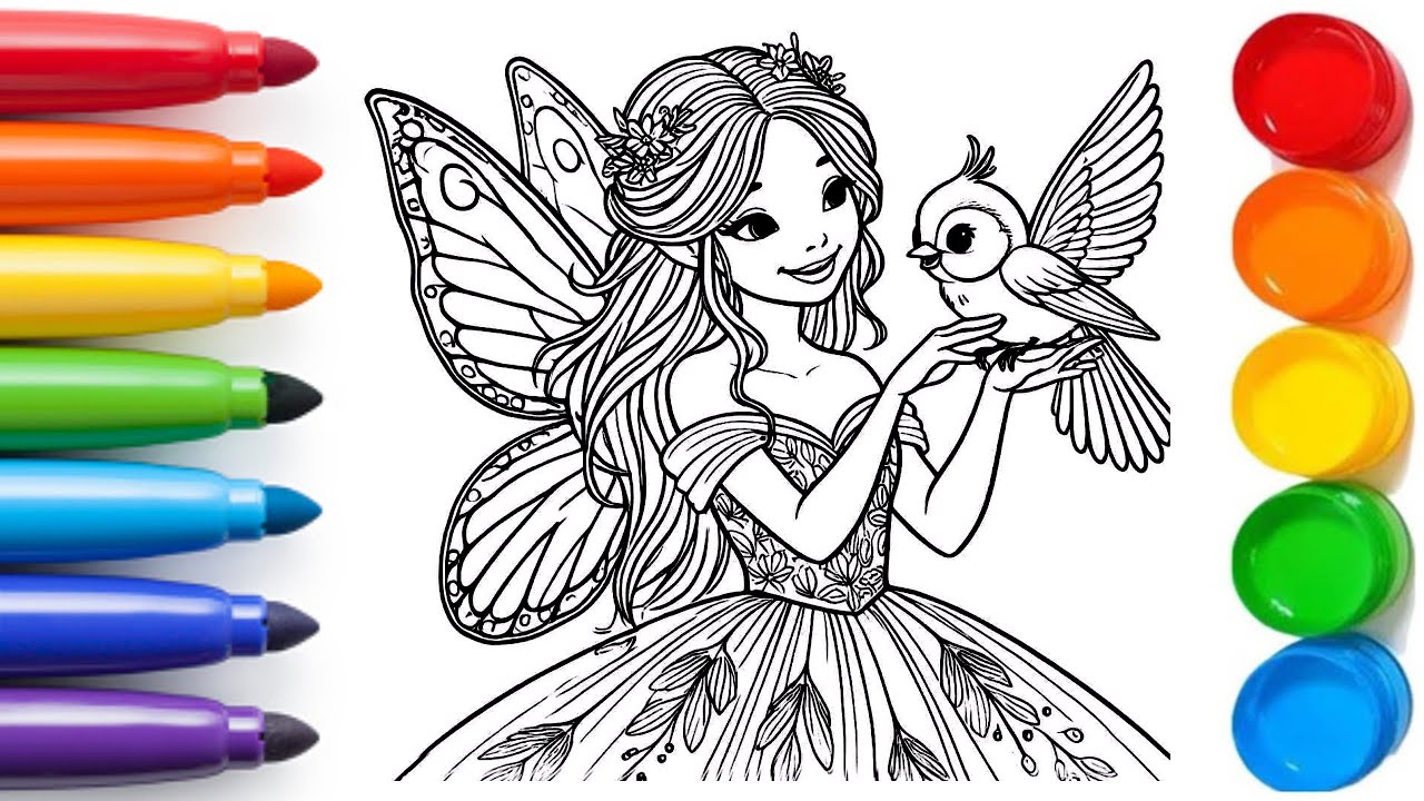 How to Draw a Fairy with Bird | Cute Girl Drawing and Coloring Page ...