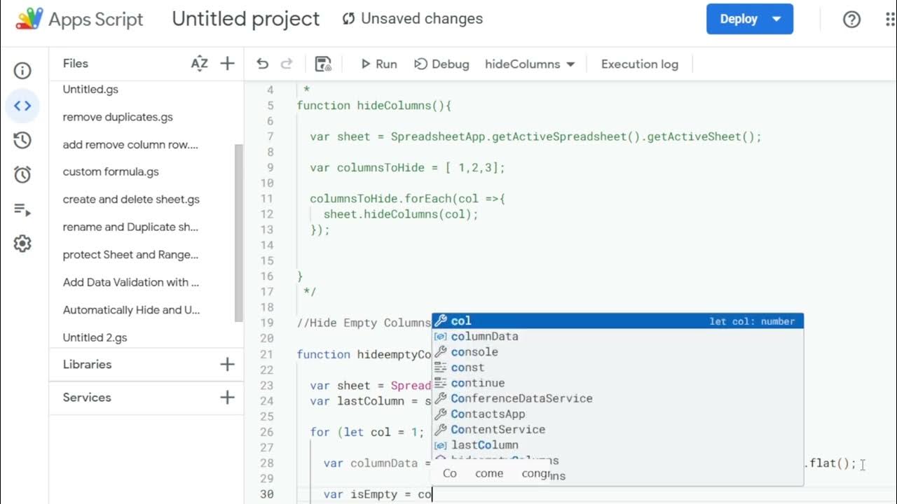 Google Apps Script tutorial 33: hide & unhide columns - YouTube