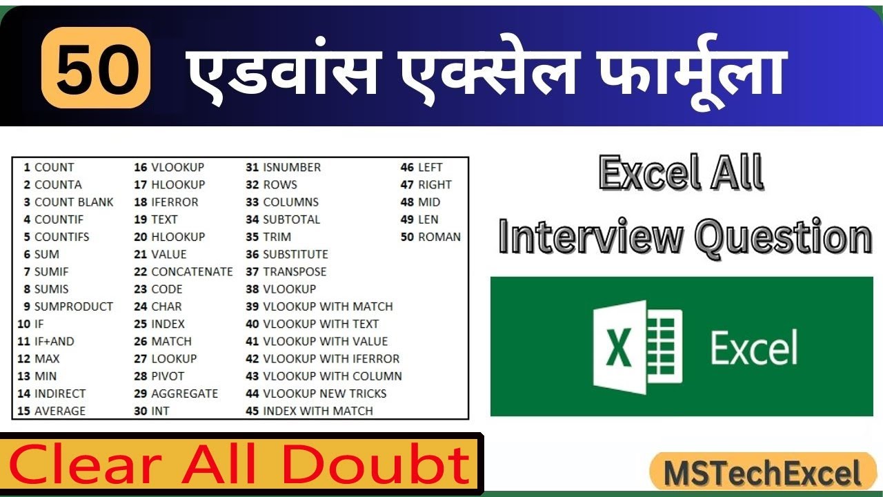 50 Excel Formulas In Excel For Interview Questions Excel Exceltutorial Tricks Youtube