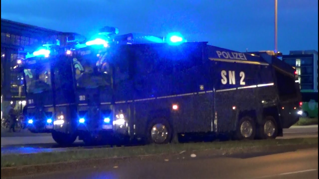 2 German police water cannon trucks (tankers) lights setup - walk ...