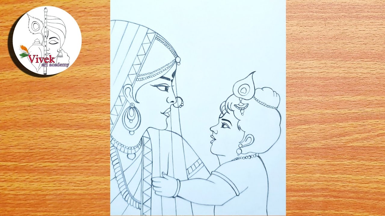 Krishna Drawing with Yashoda Mata | Krishna Thakur Line Art | Pencil ...