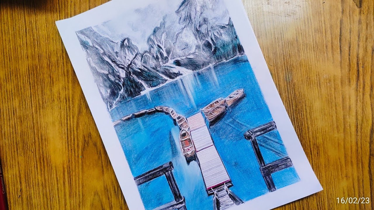 Realistic landscape drawing with pencil colour/ scenery/ nature drawing ...