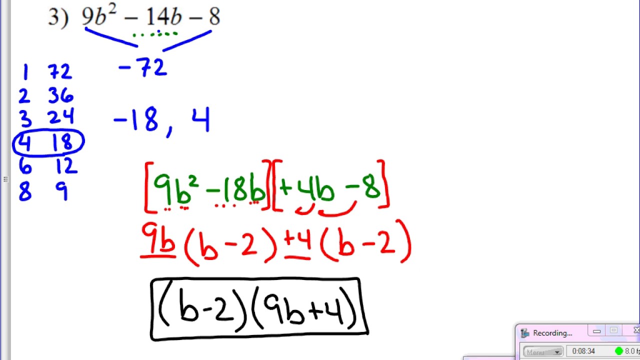 Algebra 1AB: Section 7.6B - Factoring Quadratics (a not 1) 2 - YouTube
